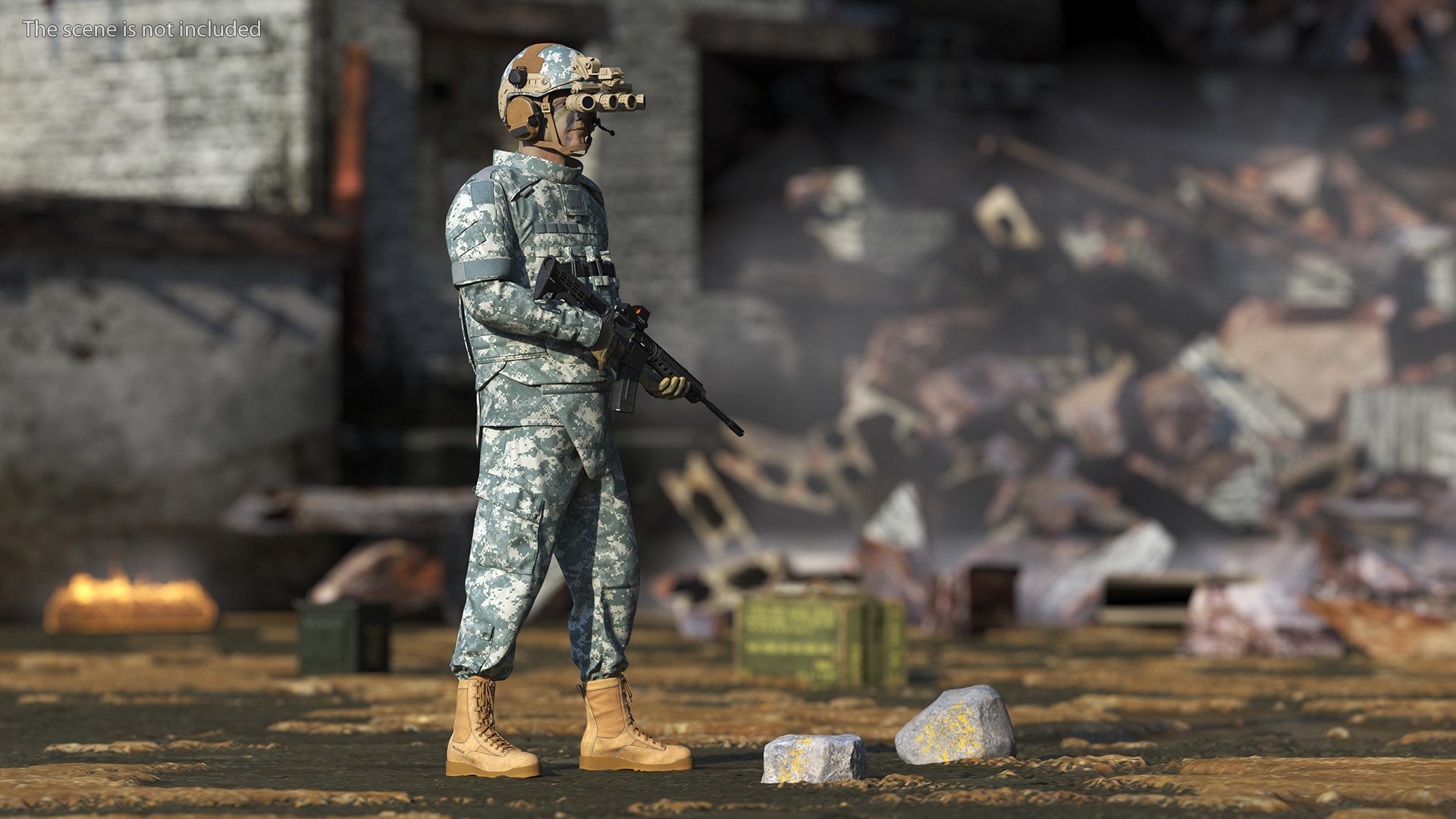 3D Soldier In Night Vision Goggles Grey Camo Standing Fur Model ...