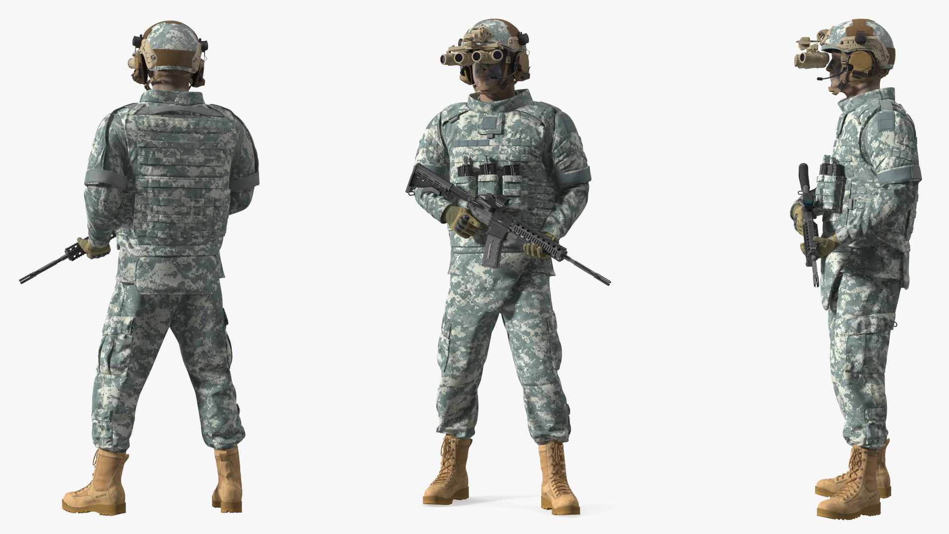 3D Soldier In Night Vision Goggles Grey Camo Standing Fur Model ...