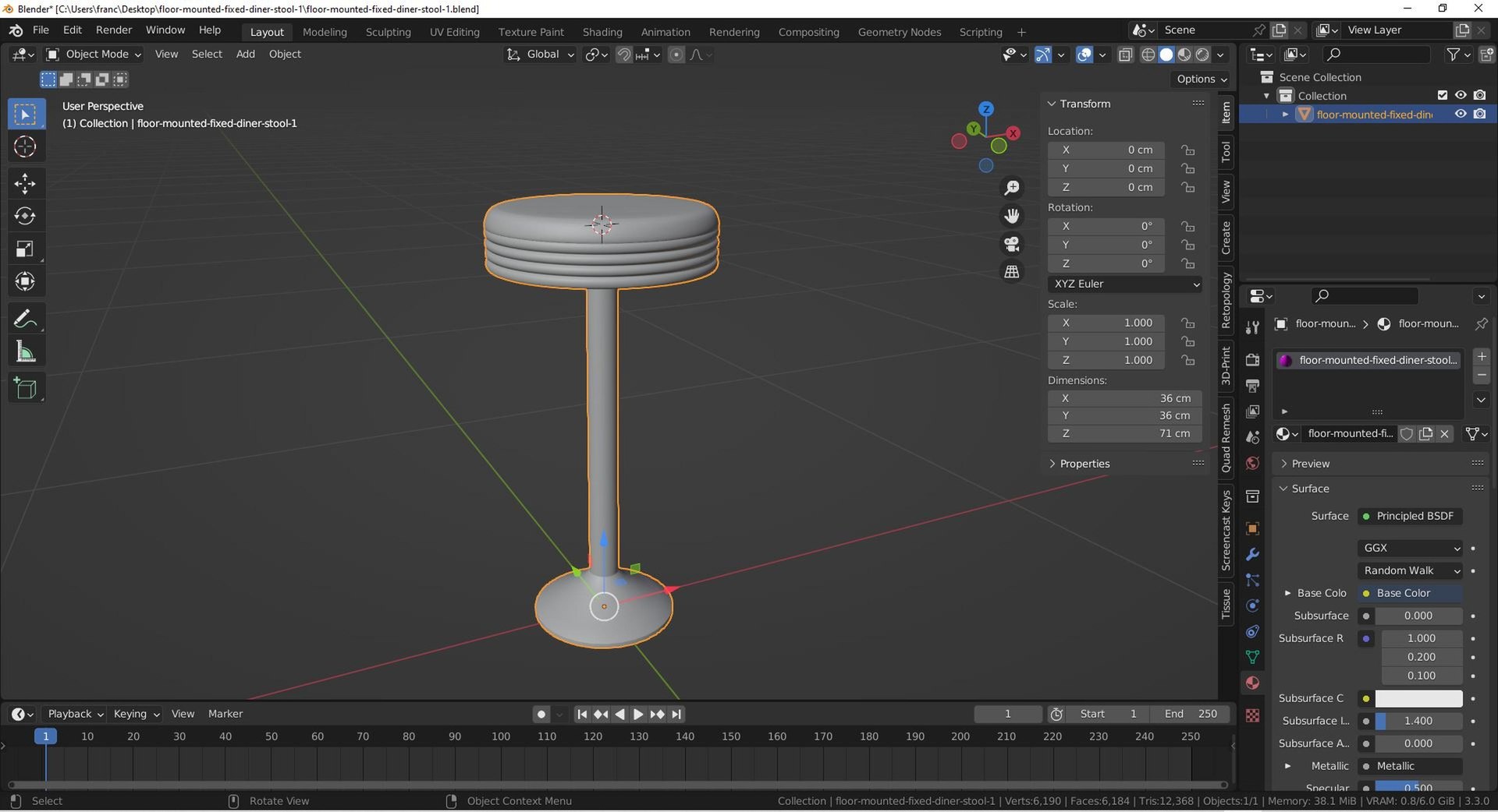 3D Floor Mounted Fixed Diner Stool 1 - TurboSquid 2074535