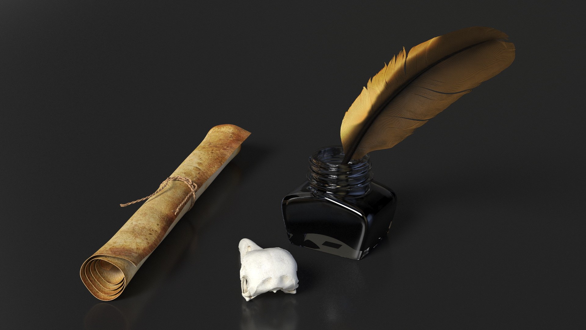 3D Model Old Writing Set With Feather Pen And Skull - TurboSquid 2384064