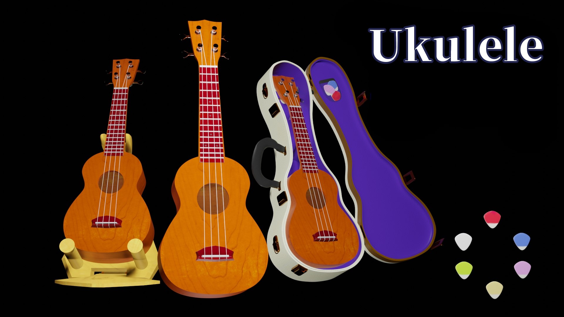 3D Ukulele Set With Case And Stand And Pick Model - TurboSquid 2016113