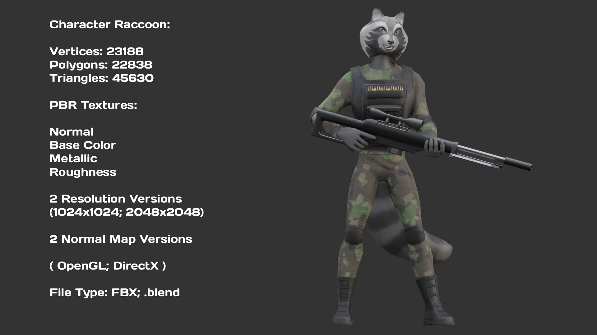 Character Military Raccoon with Weapon Sniper Rifle 3D model ...