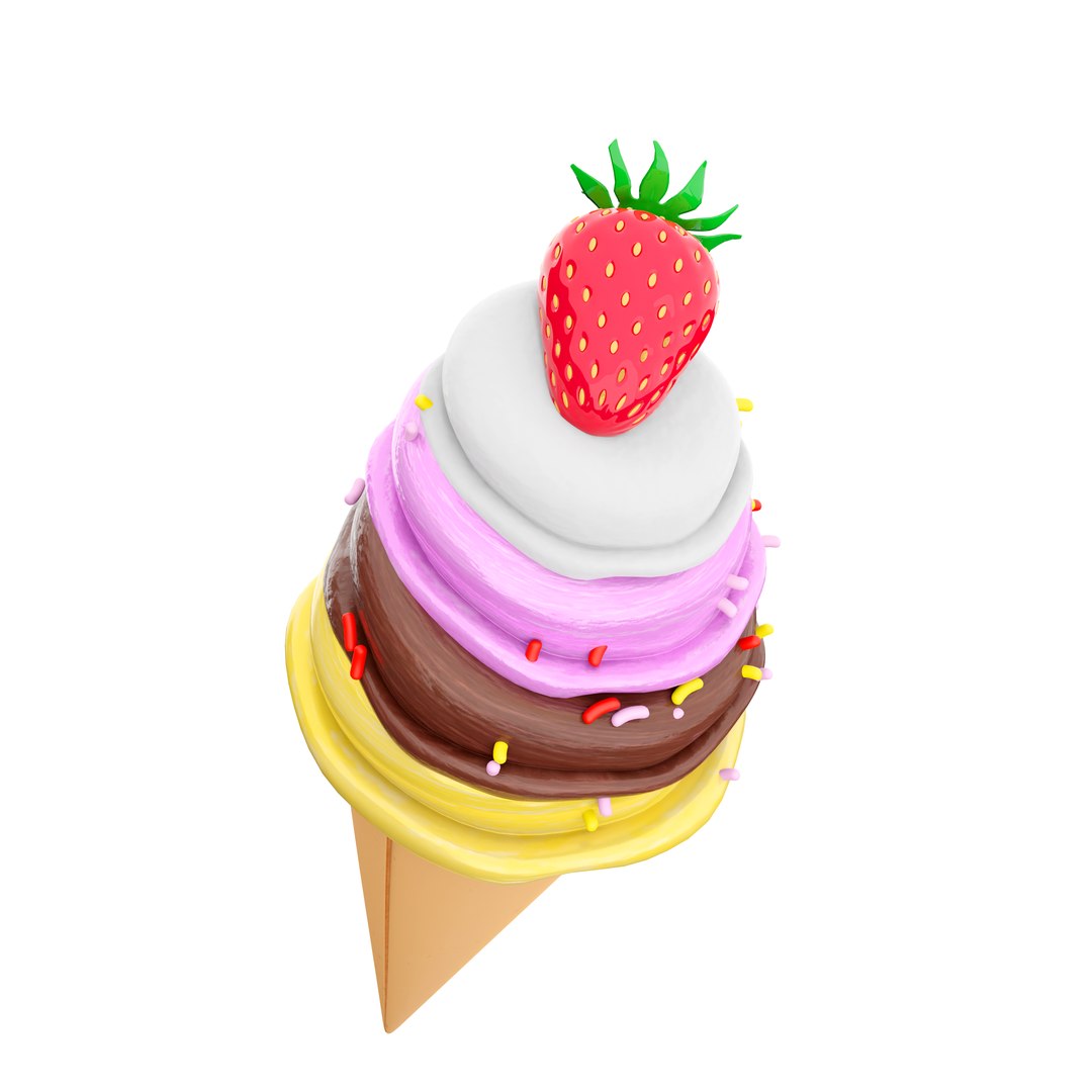 3D Model 3d Cream Ice Cream With Waffle Peel And Strawberries Icon ...