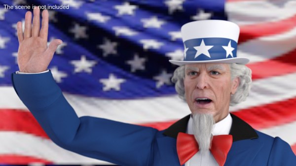 modelo 3d El Tío Sam habla tras el podio de la bandera de EE. UU ...