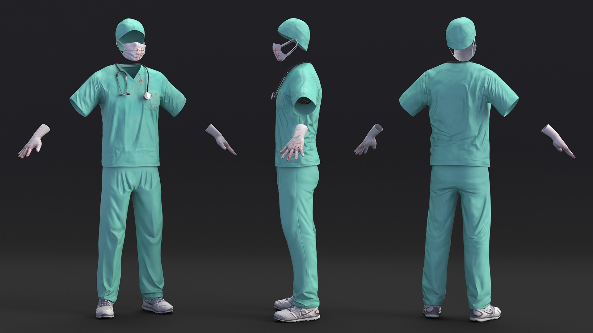 Blue Emergency Surgeon Costume Scrubs Blood Stained 3D model ...