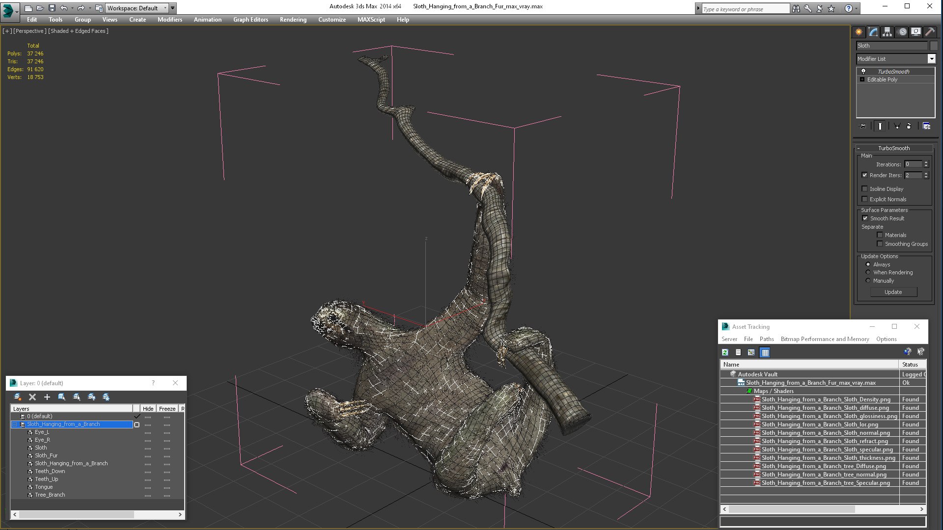 3D Model Sloth Hanging From A Branch Fur - TurboSquid 2177340