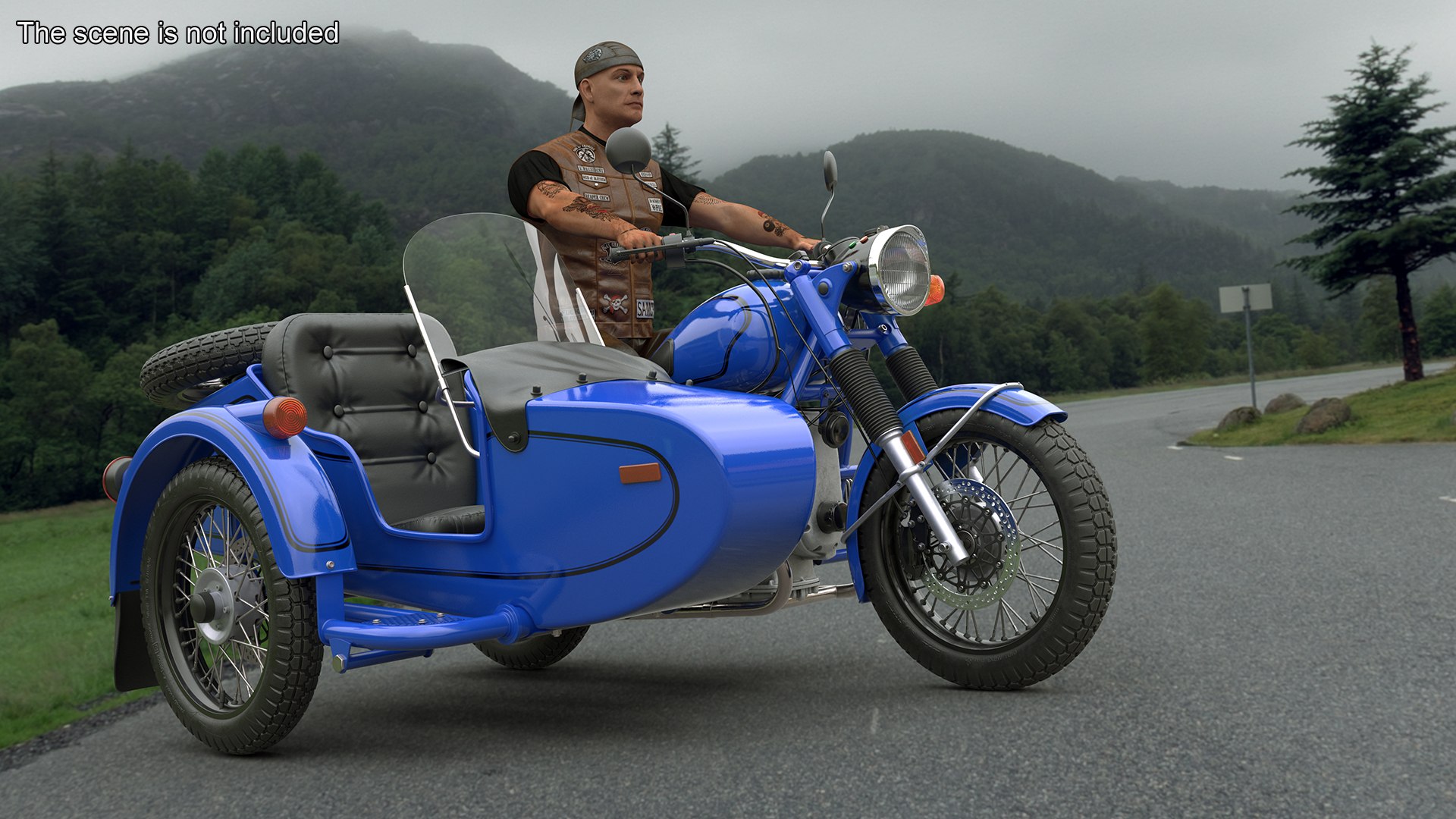 3D Biker On Retro Classic Blue Motorcycle With Sidecar - TurboSquid 2406335