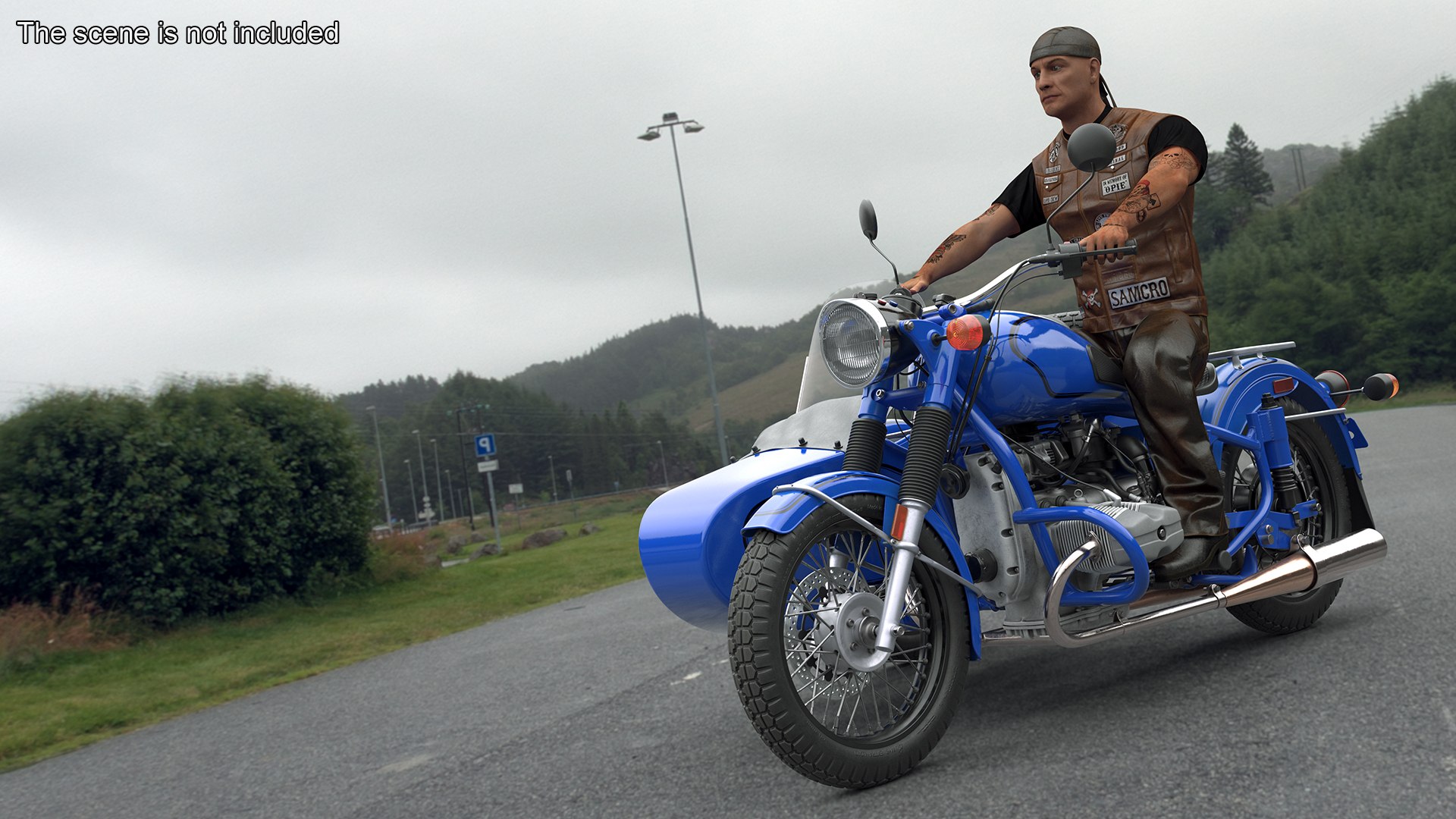 3D Biker On Retro Classic Blue Motorcycle With Sidecar - TurboSquid 2406335