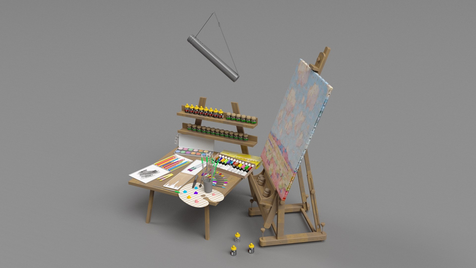 3D 艺术家工作室设置，配有画架颜料和工具3D模型 - TurboSquid 2313029