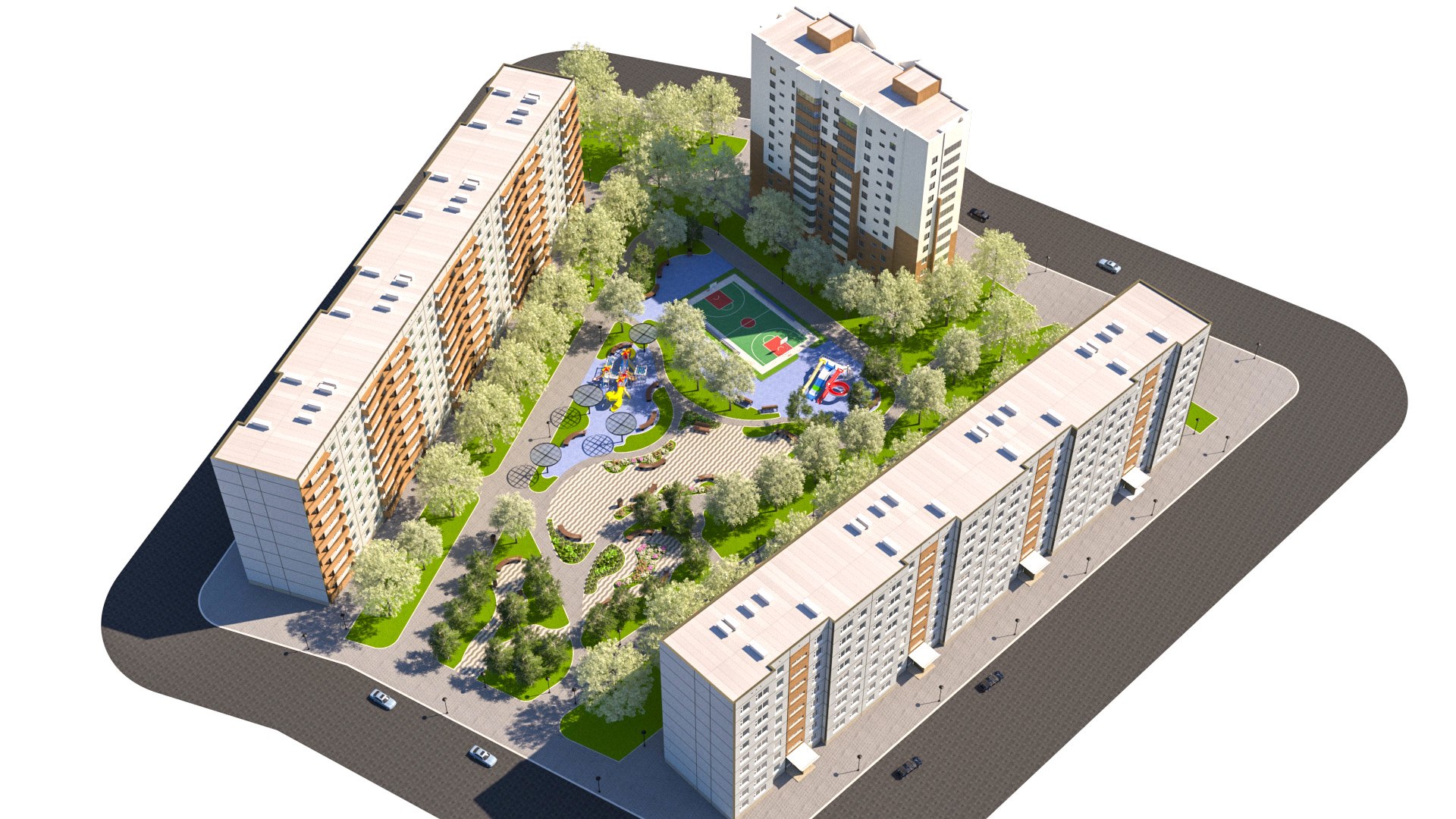 3D Model Low Poly Modern Residential Block Courtyard 3d Scene ...