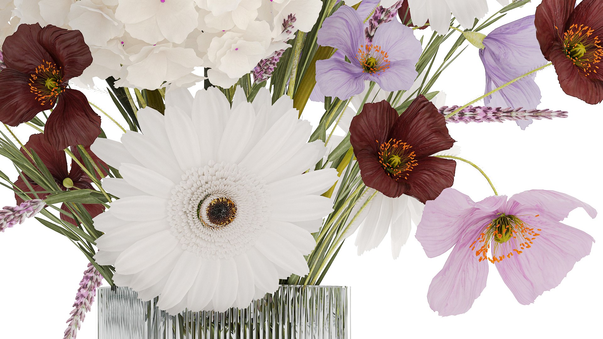 Beautiful Bouquet Of Wild Flowers Hydrangea Lavender Poppy Gerbera 3D ...