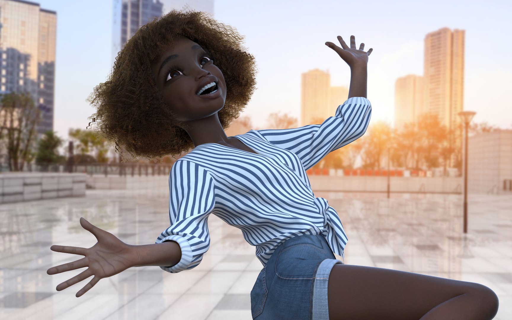 3D Cartoon Girl African Casual Standing Playful Blue - TurboSquid 2280486