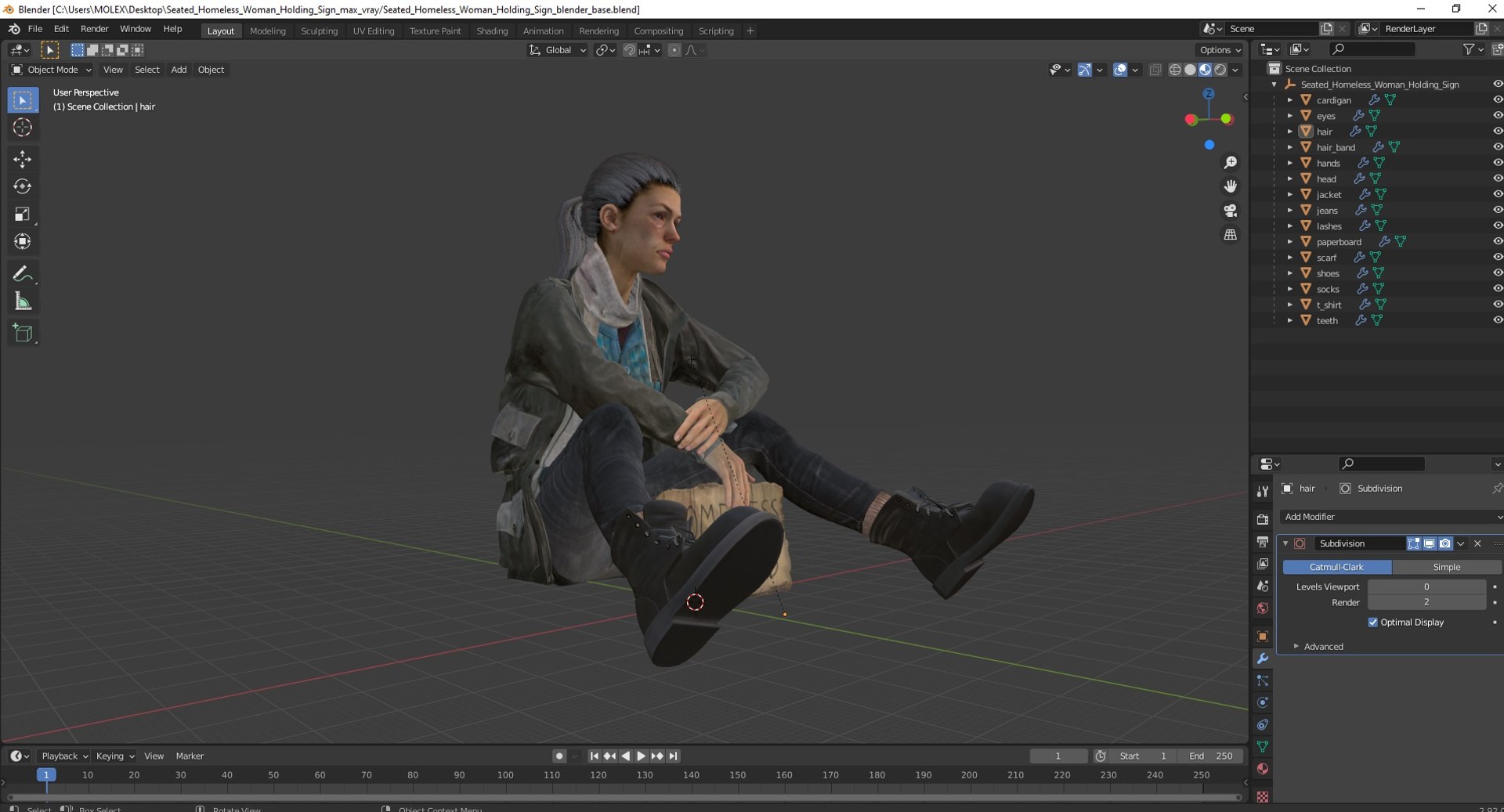 3D Seated Homeless Woman Holding Sign - TurboSquid 2258163