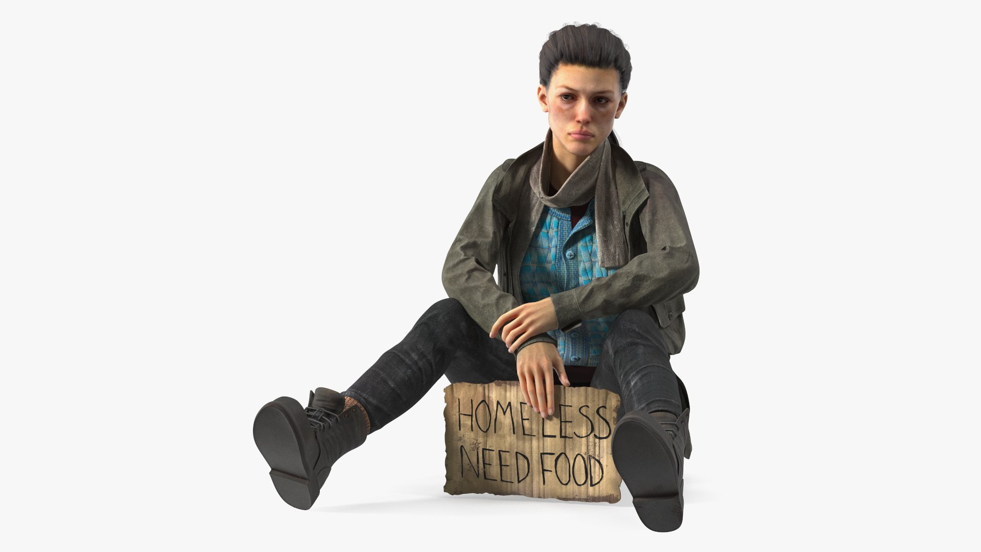 3D Seated Homeless Woman Holding Sign - TurboSquid 2258163