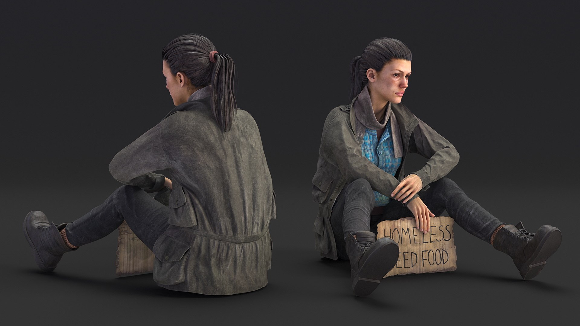 3D Seated Homeless Woman Holding Sign - TurboSquid 2258163