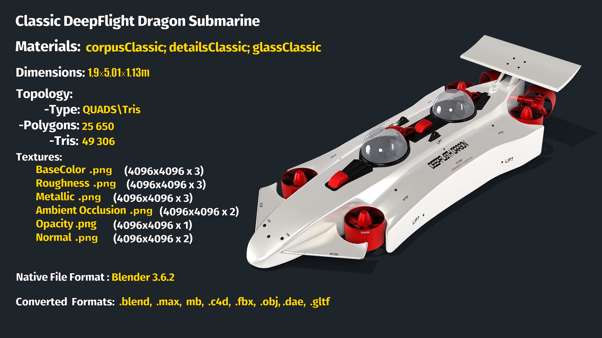 Classic DeepFlight Dragon Submarine Model - TurboSquid 2136342