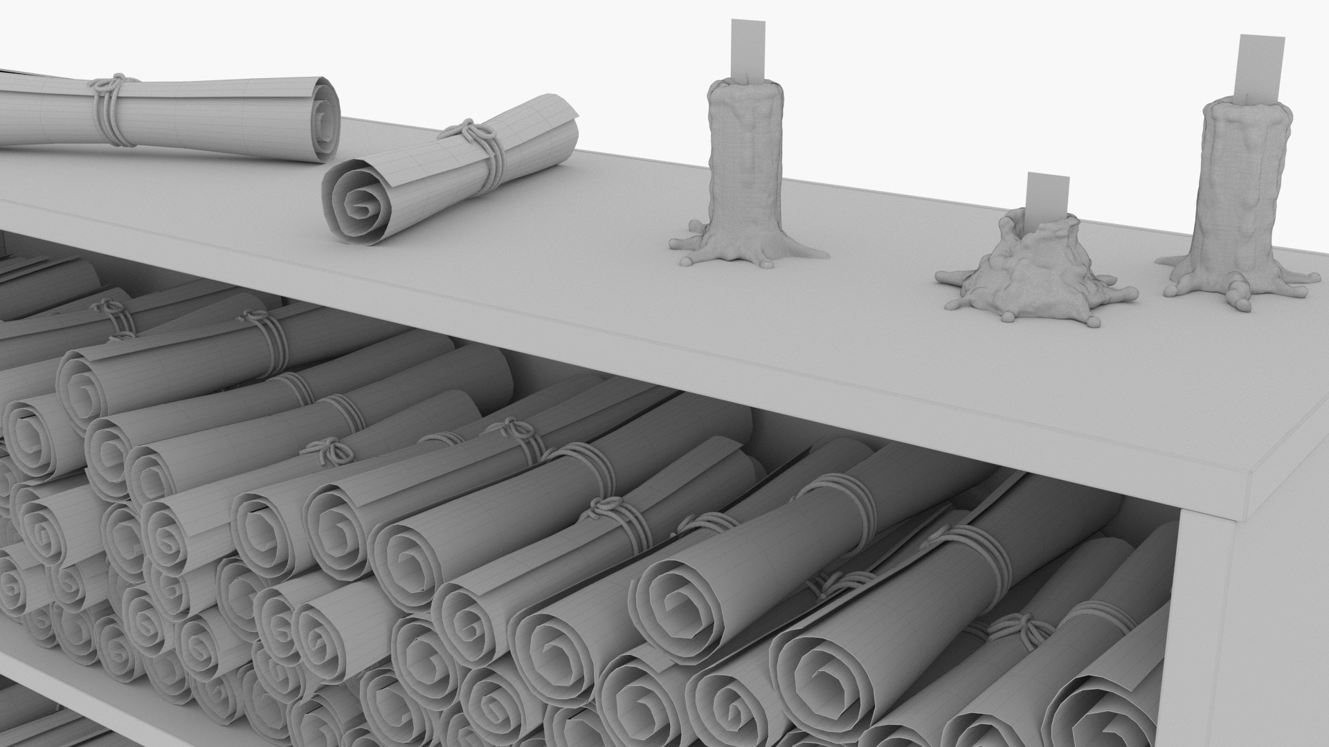3D Old shelf with scrolls and candles model - TurboSquid 2050765