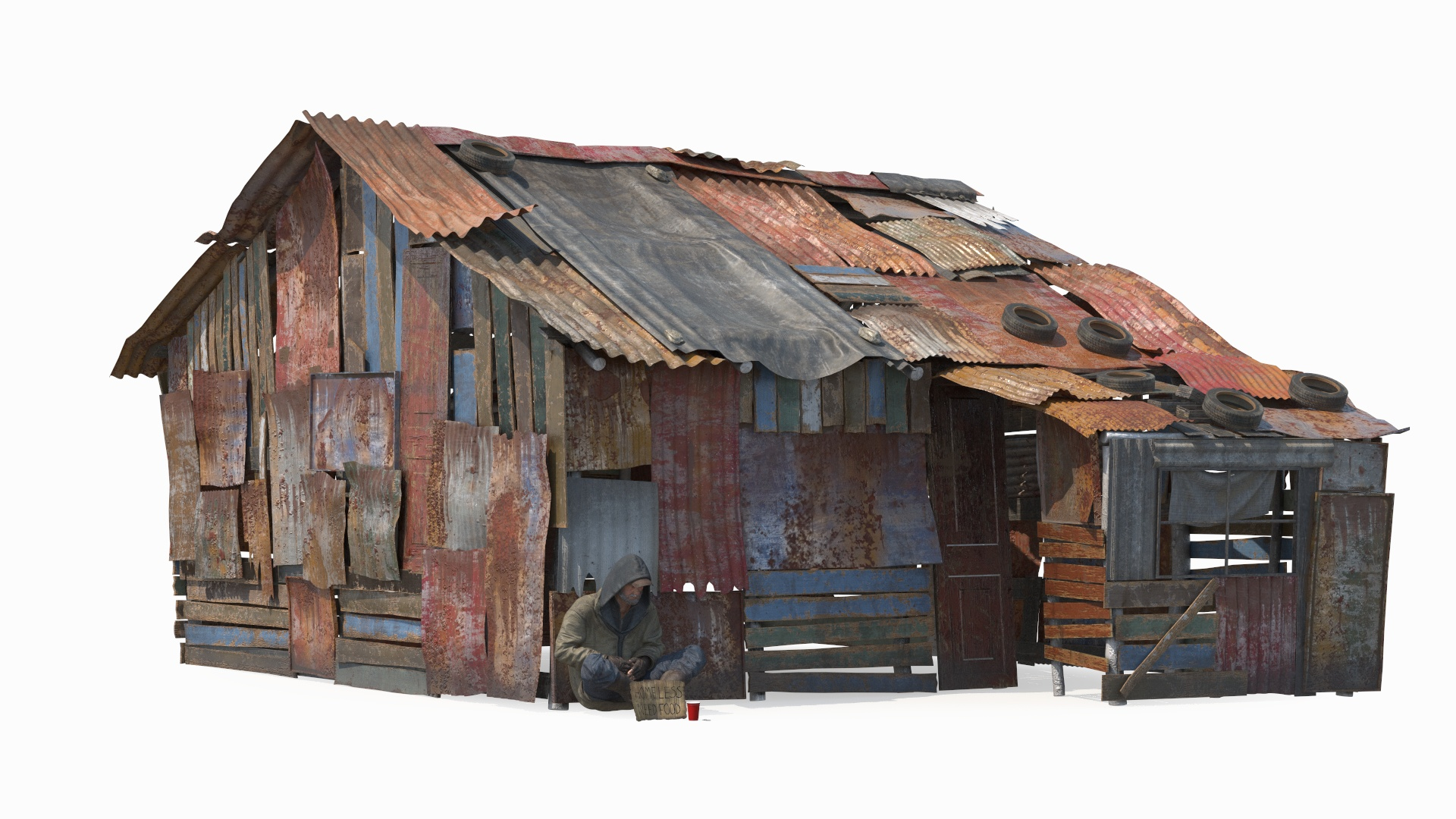 Dual Roof Slum Shack And Homeless Man Model - TurboSquid 2330216