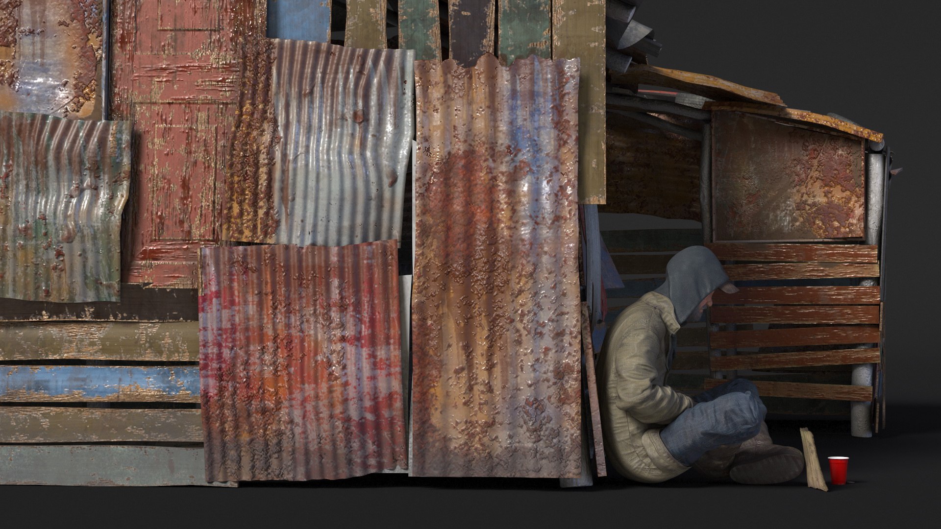 Dual Roof Slum Shack And Homeless Man Model - TurboSquid 2330216