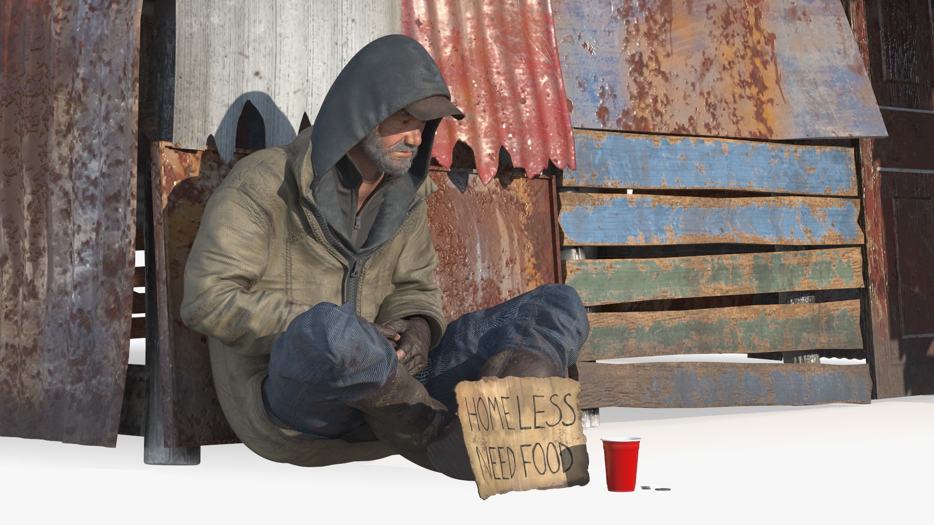 Dual Roof Slum Shack And Homeless Man Model - TurboSquid 2330216