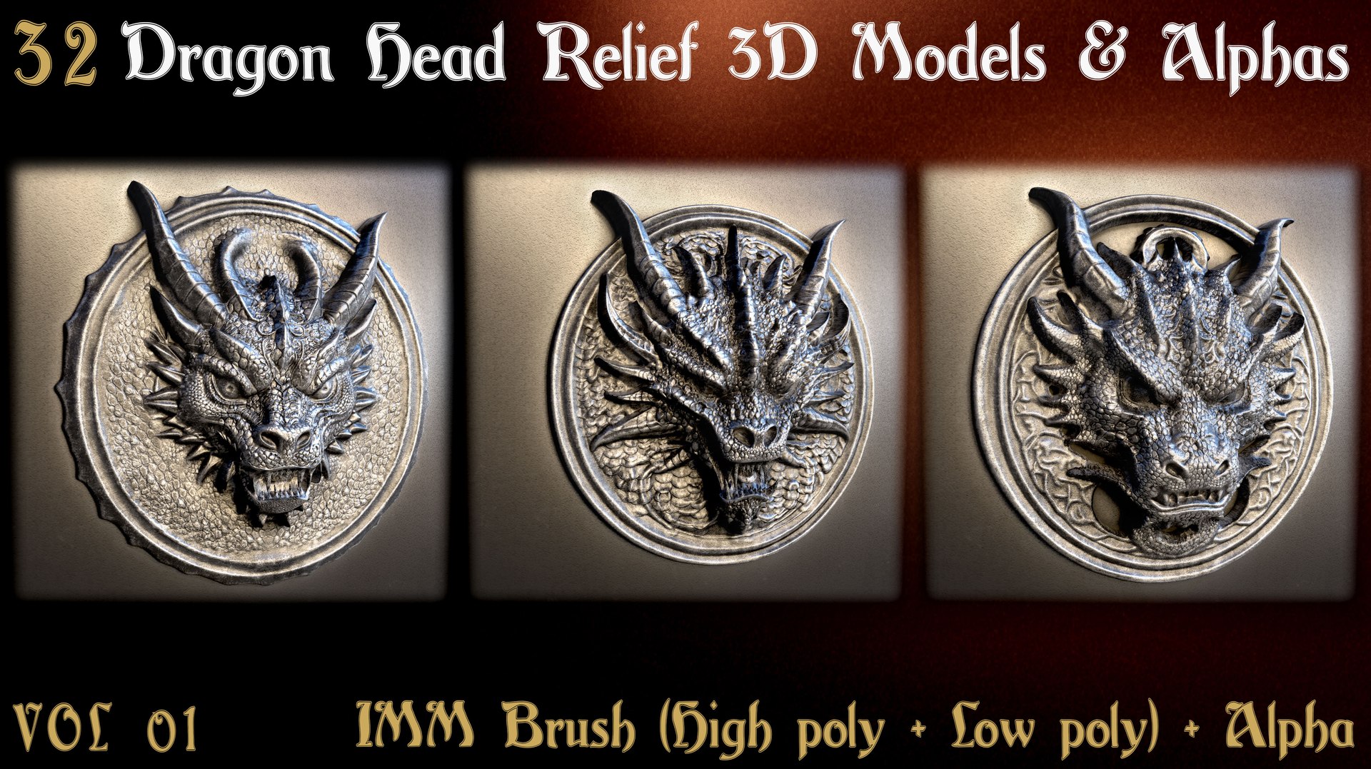 32 Dragon Head Relief 3D Models Alphas - Vol1 Model - TurboSquid 2287308