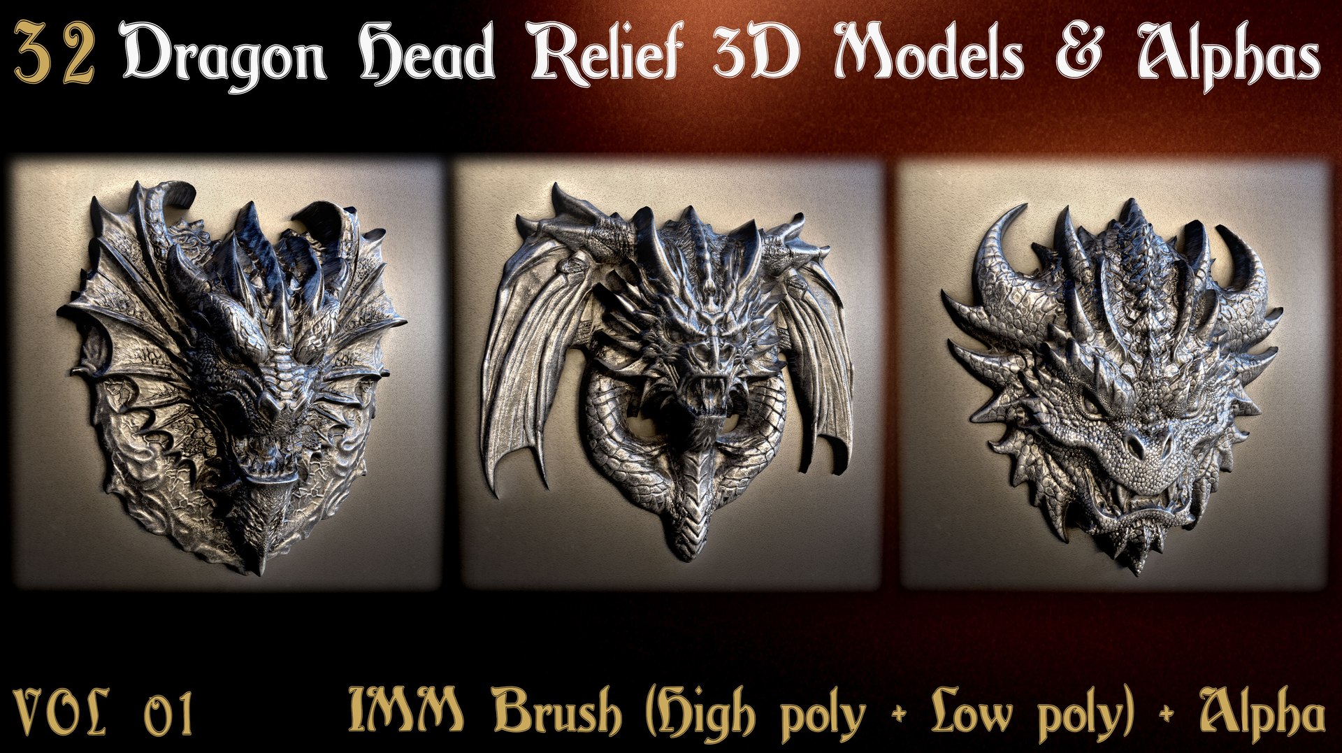 32 Dragon Head Relief 3D Models Alphas - Vol1 Model - TurboSquid 2287308