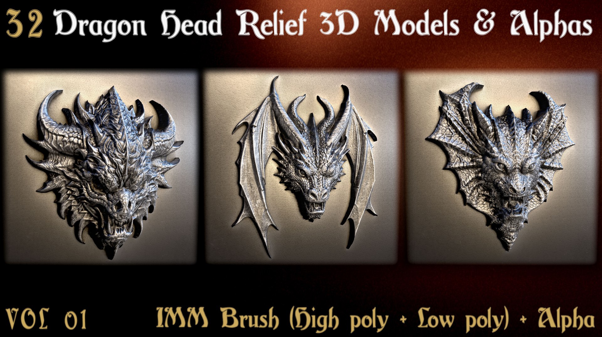 32 Dragon Head Relief 3D Models Alphas - Vol1 Model - TurboSquid 2287308