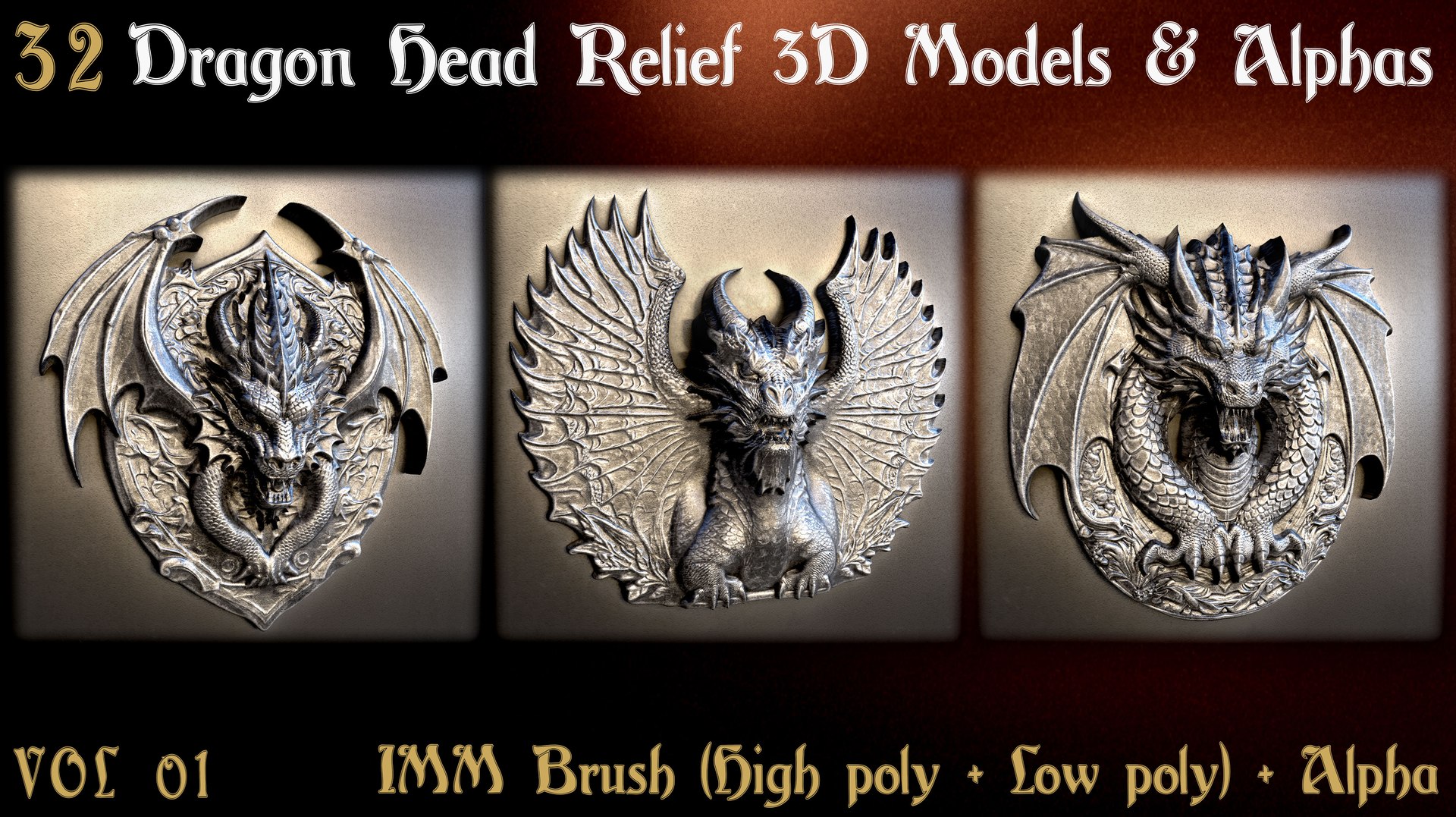 32 Dragon Head Relief 3D Models Alphas - Vol1 Model - TurboSquid 2287308