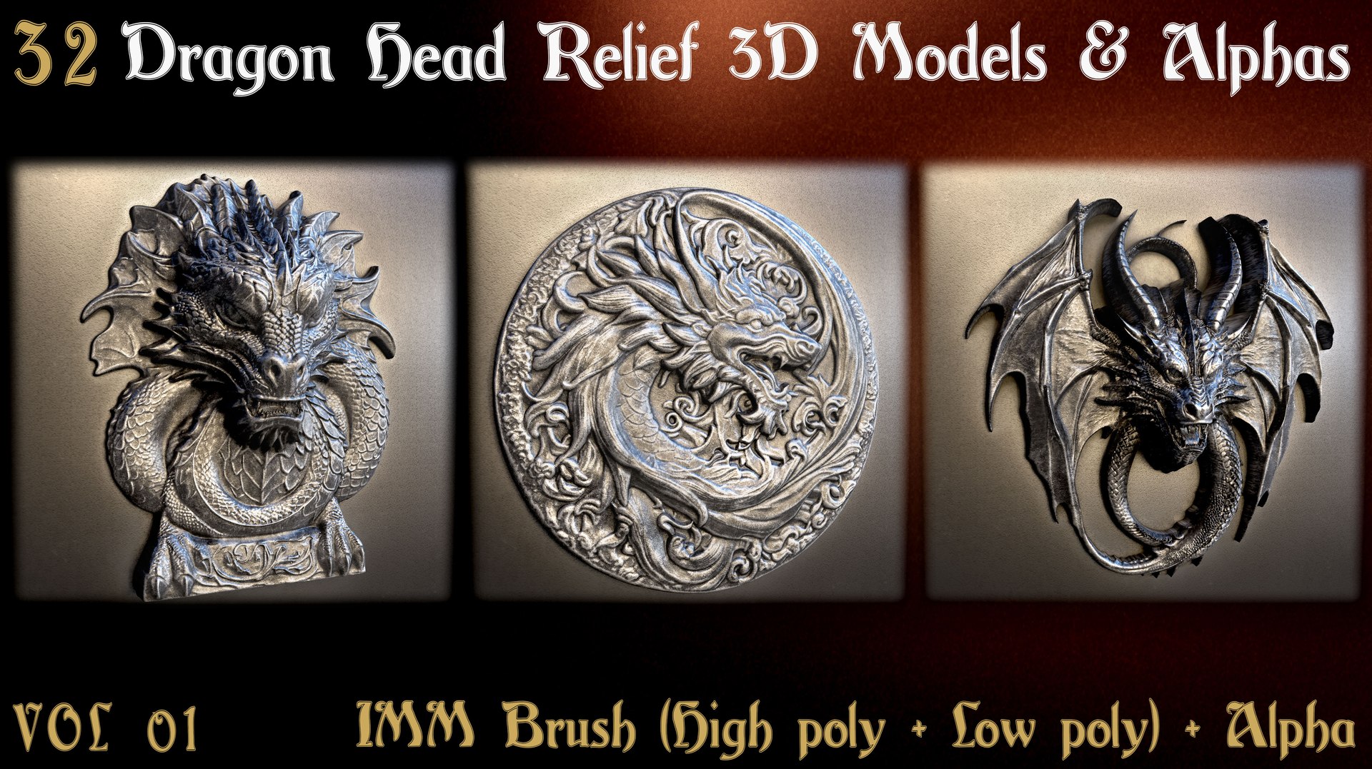 32 Dragon Head Relief 3D Models Alphas - Vol1 Model - TurboSquid 2287308