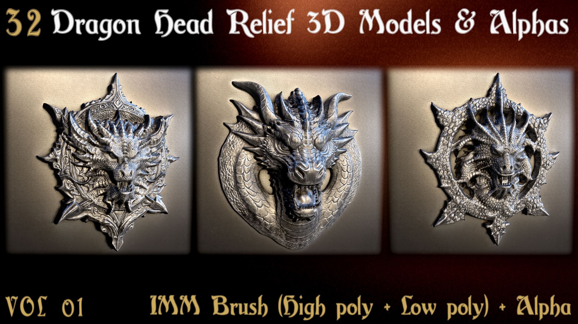 32 Dragon Head Relief 3D Models Alphas - Vol1 Model - TurboSquid 2287308