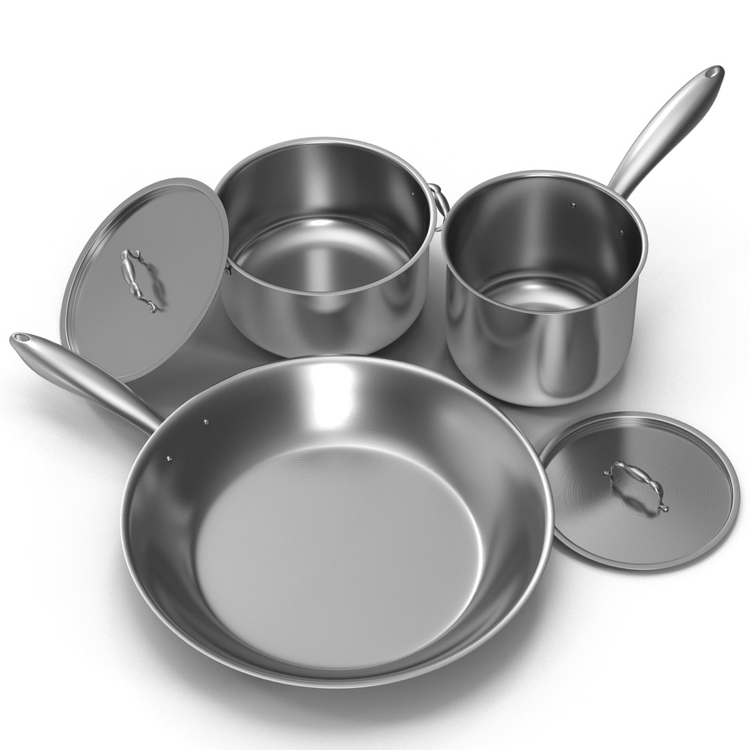 3d model stainless kitchen pot set