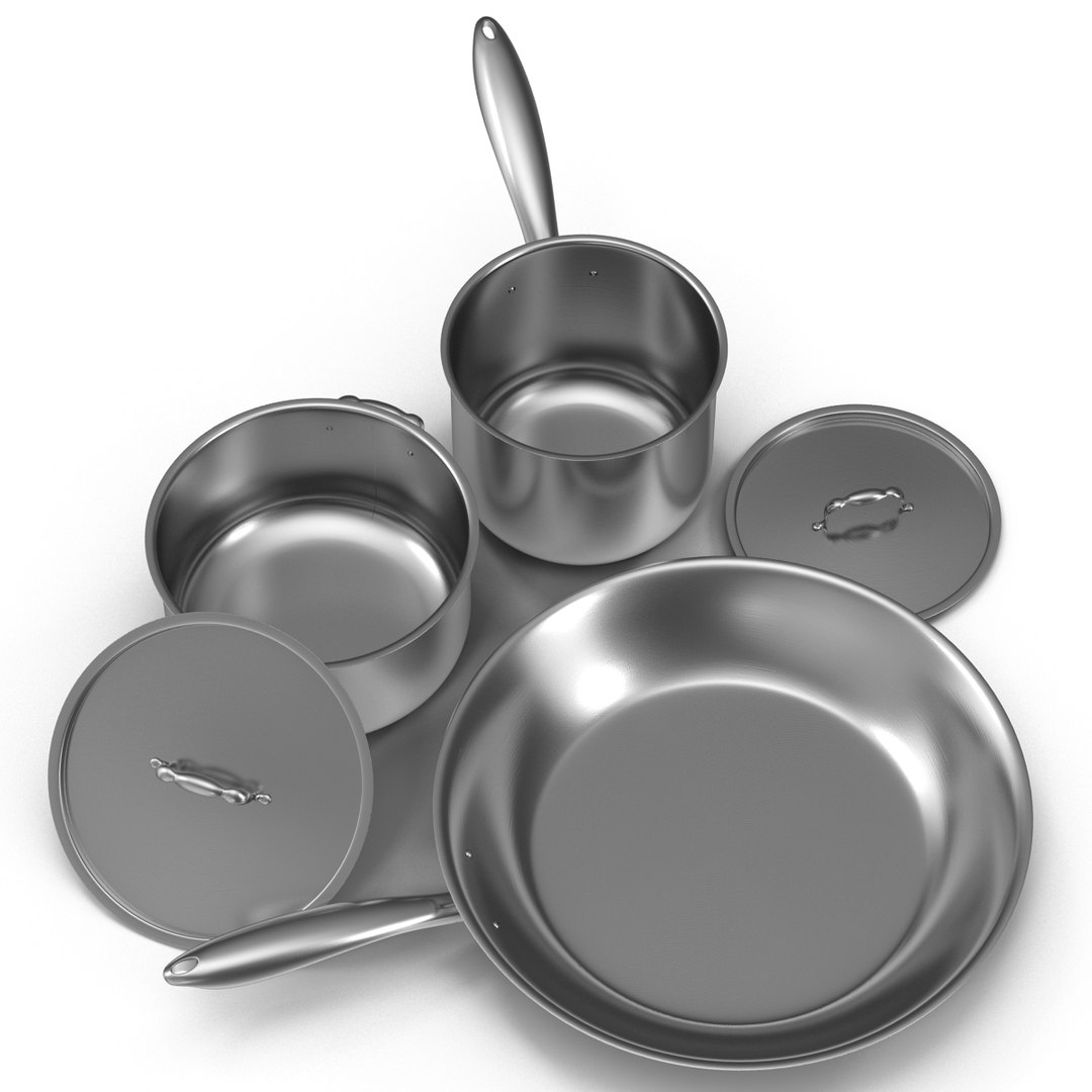 3d model stainless kitchen pot set