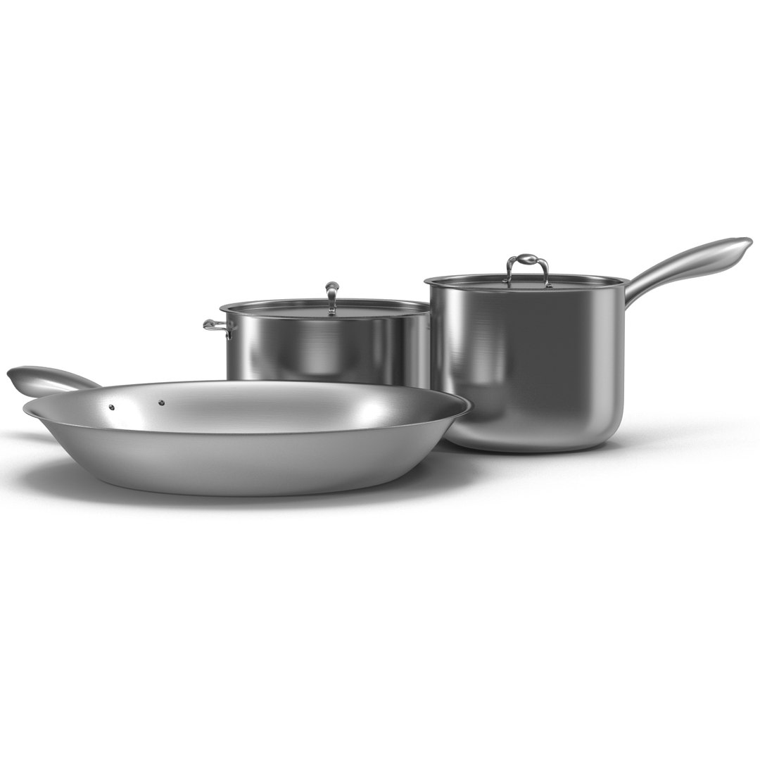 3d model stainless kitchen pot set
