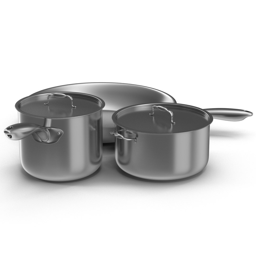 3d model stainless kitchen pot set