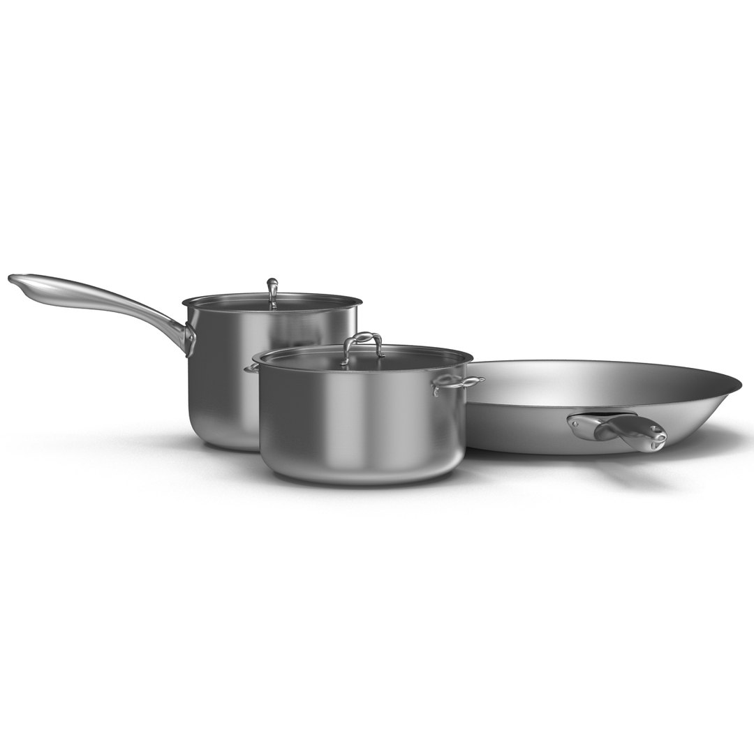 3d model stainless kitchen pot set