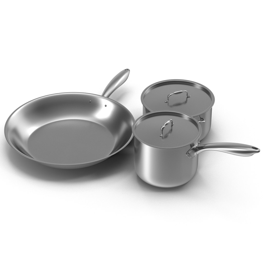 3d model stainless kitchen pot set