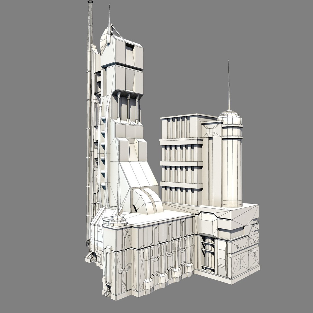 3d model of low-poly sci-fi tower