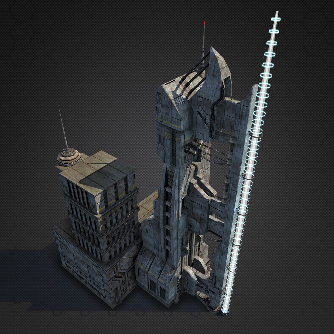 3d model of low-poly sci-fi tower
