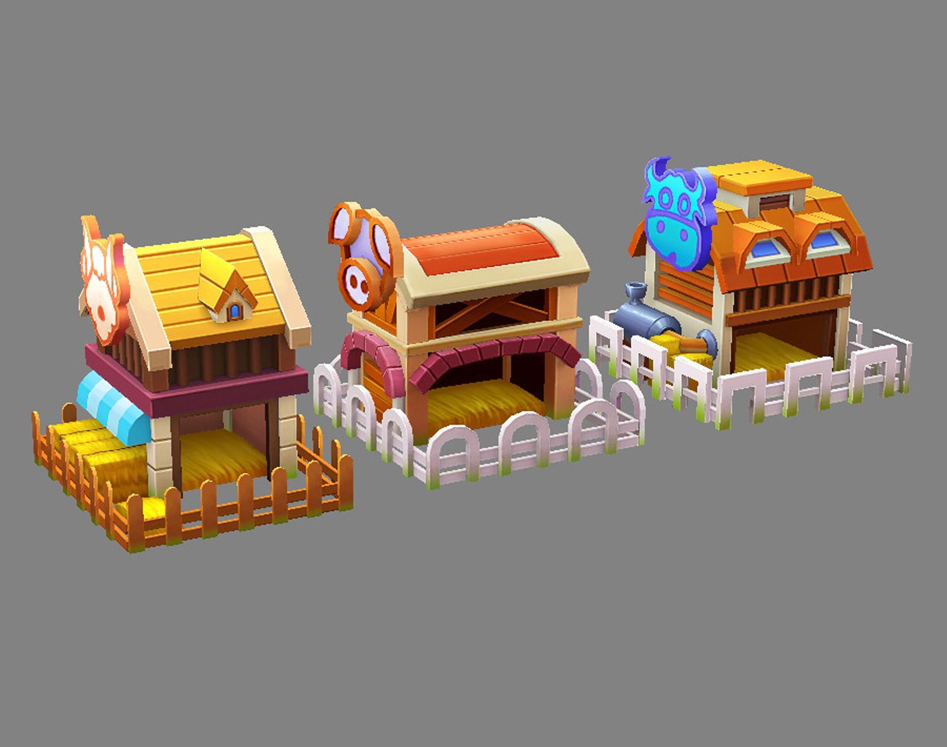 Cartoon Farm Buildings - Cow Shed - Pigsty - Sheep Pen 3D Model ...