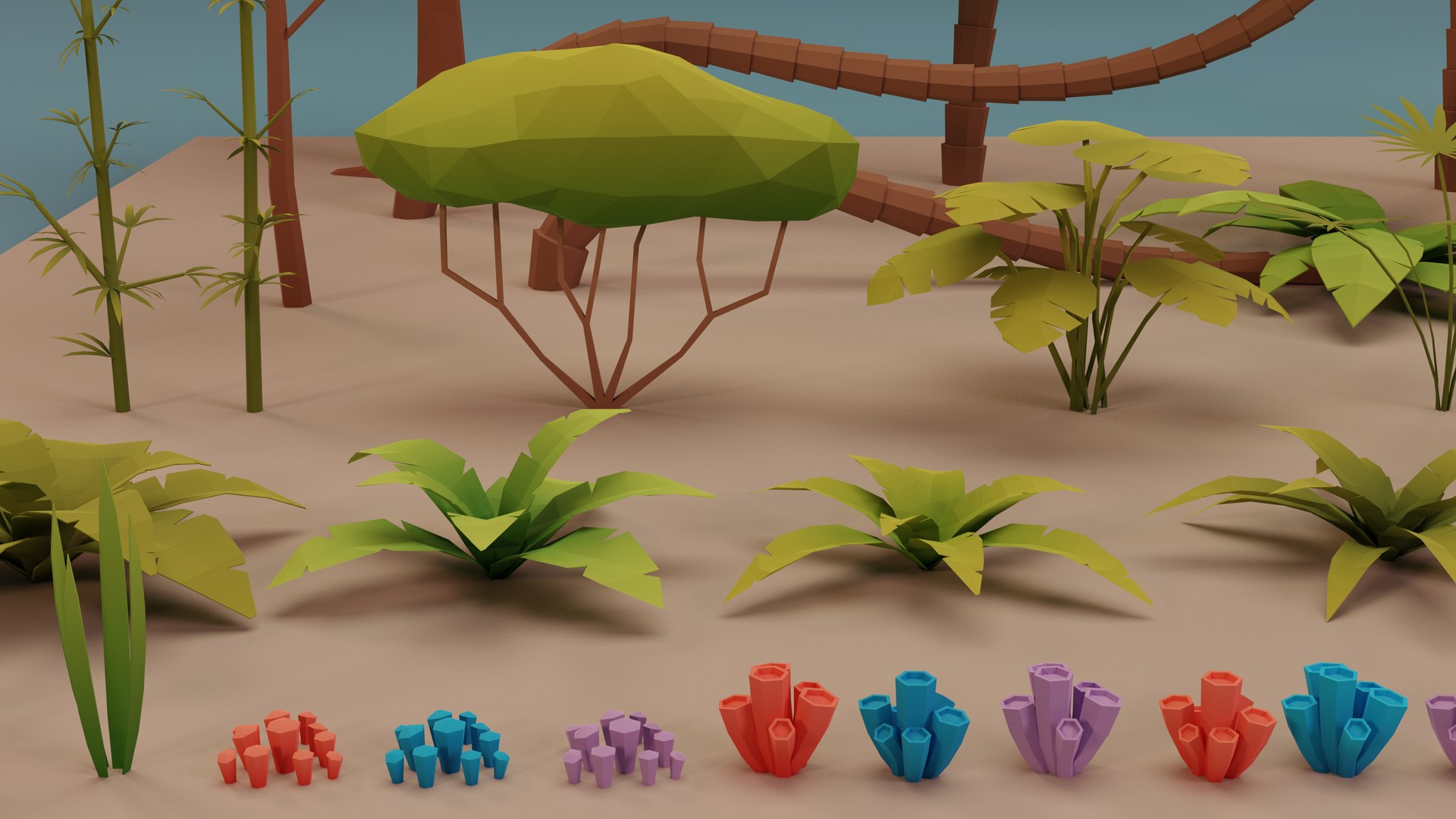 3D LowPoly Tropical Nature - Palm Trees Grass Plants And Rocks Model ...