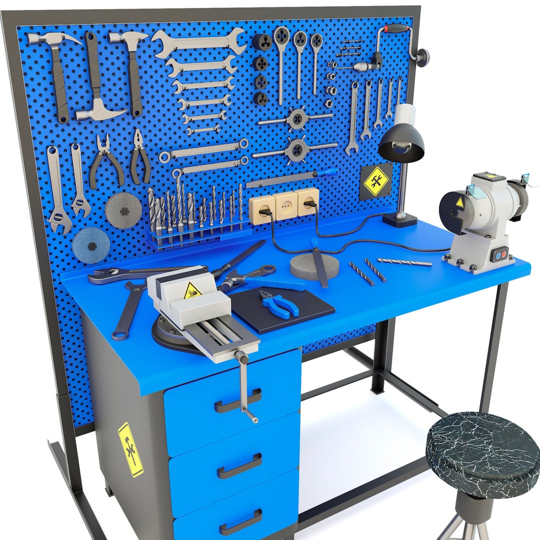 Workbench and workshop Industrial garage hand tools - Blue 3D model ...