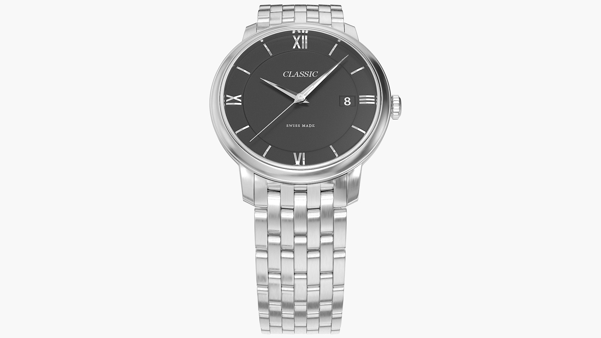 3D Classic Watch Steel Bracelet Black Dial Model - TurboSquid 2264945