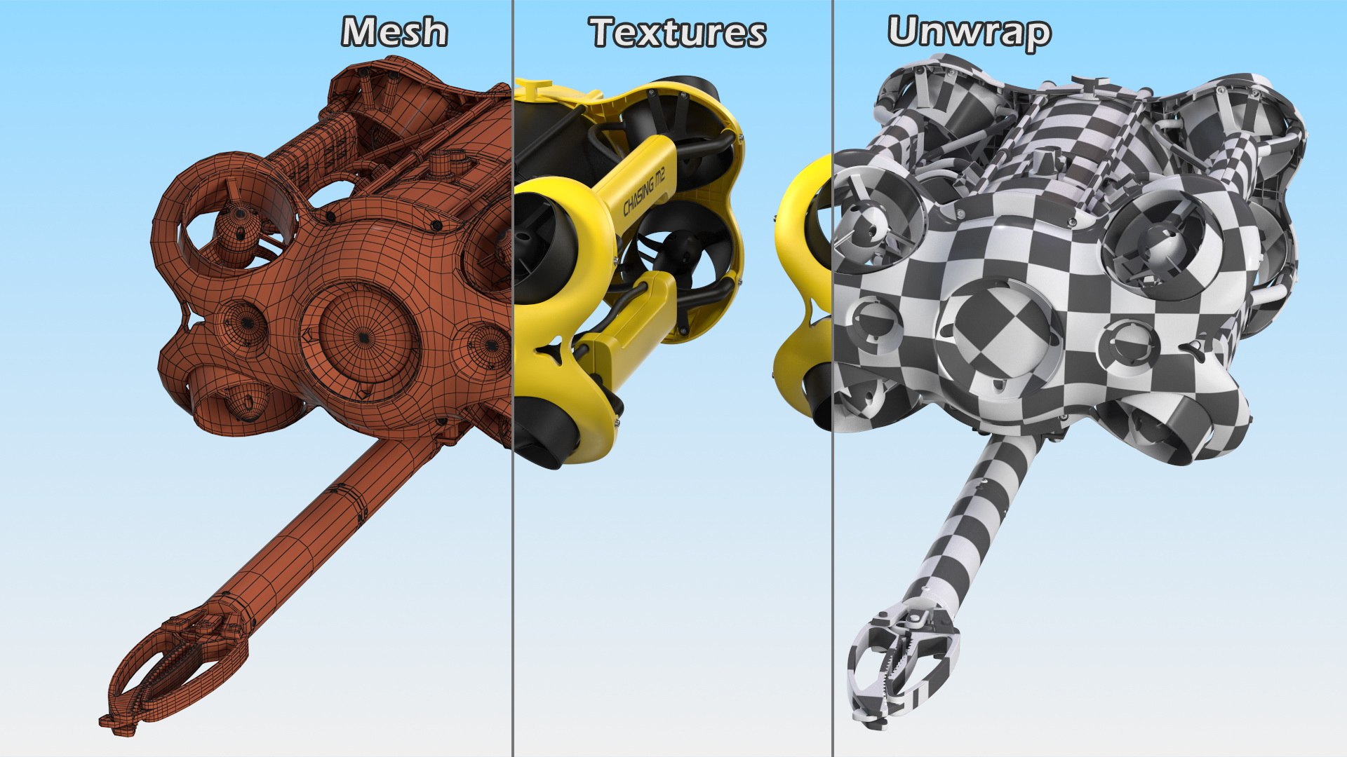 3D Model Chasing M2 Underwater Drone With Grabber Arm Rigged ...