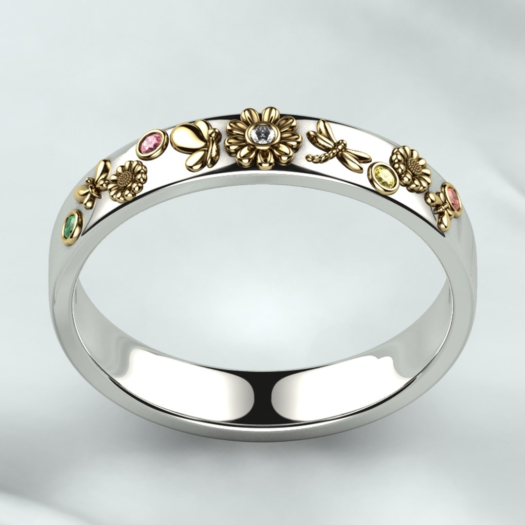 3D Colored Gems Rhodium Plating Gold Ring model - TurboSquid 1778789