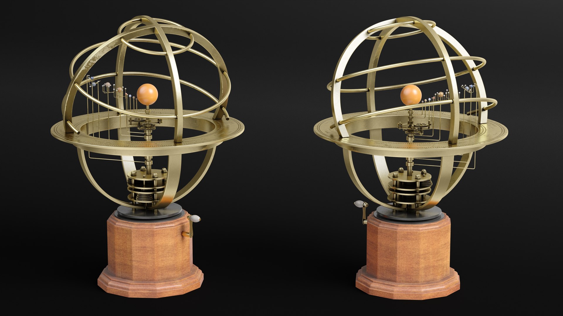 Brass Solar System Orrery With Wooden Base Rigged 3D - TurboSquid 2081377