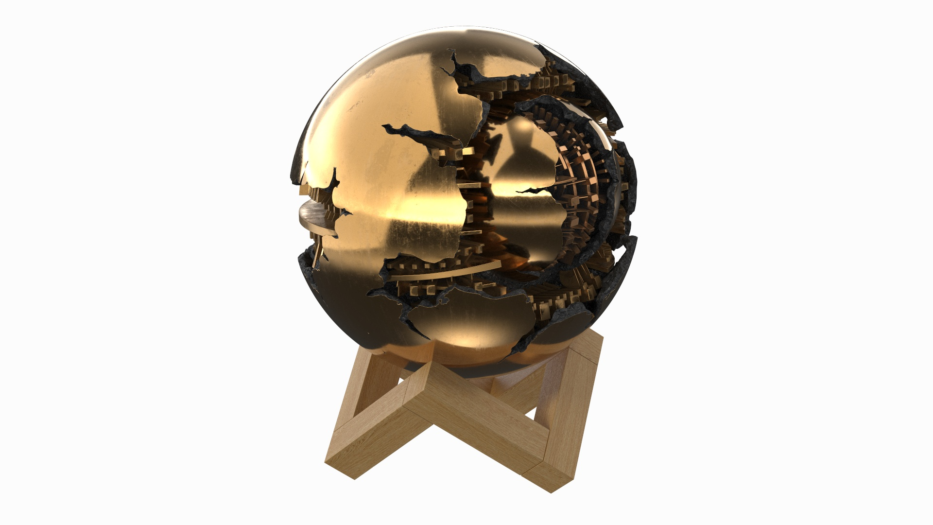 Golden Fractured Sphere On Wooden Stand 3D Model - TurboSquid 2371570