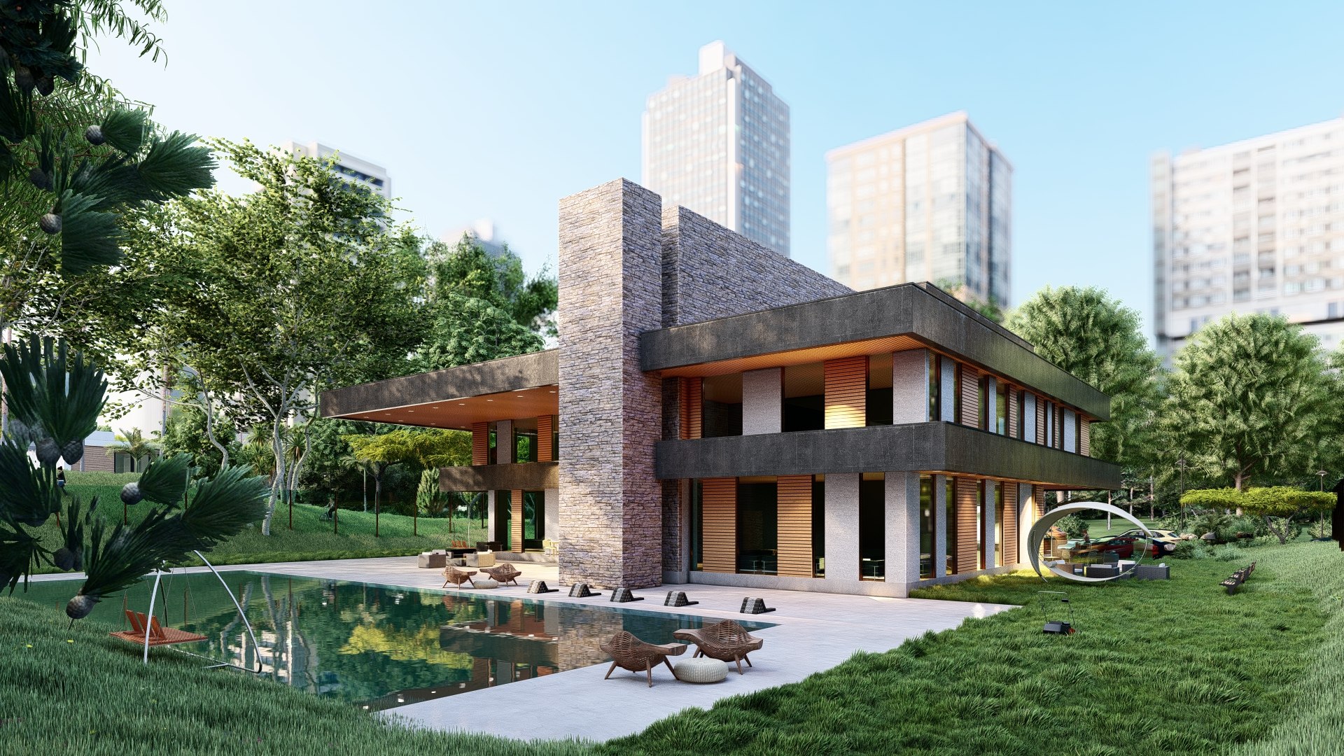 3D Model Frank Lloyd Wright Style House Modern Architecture Furnished ...