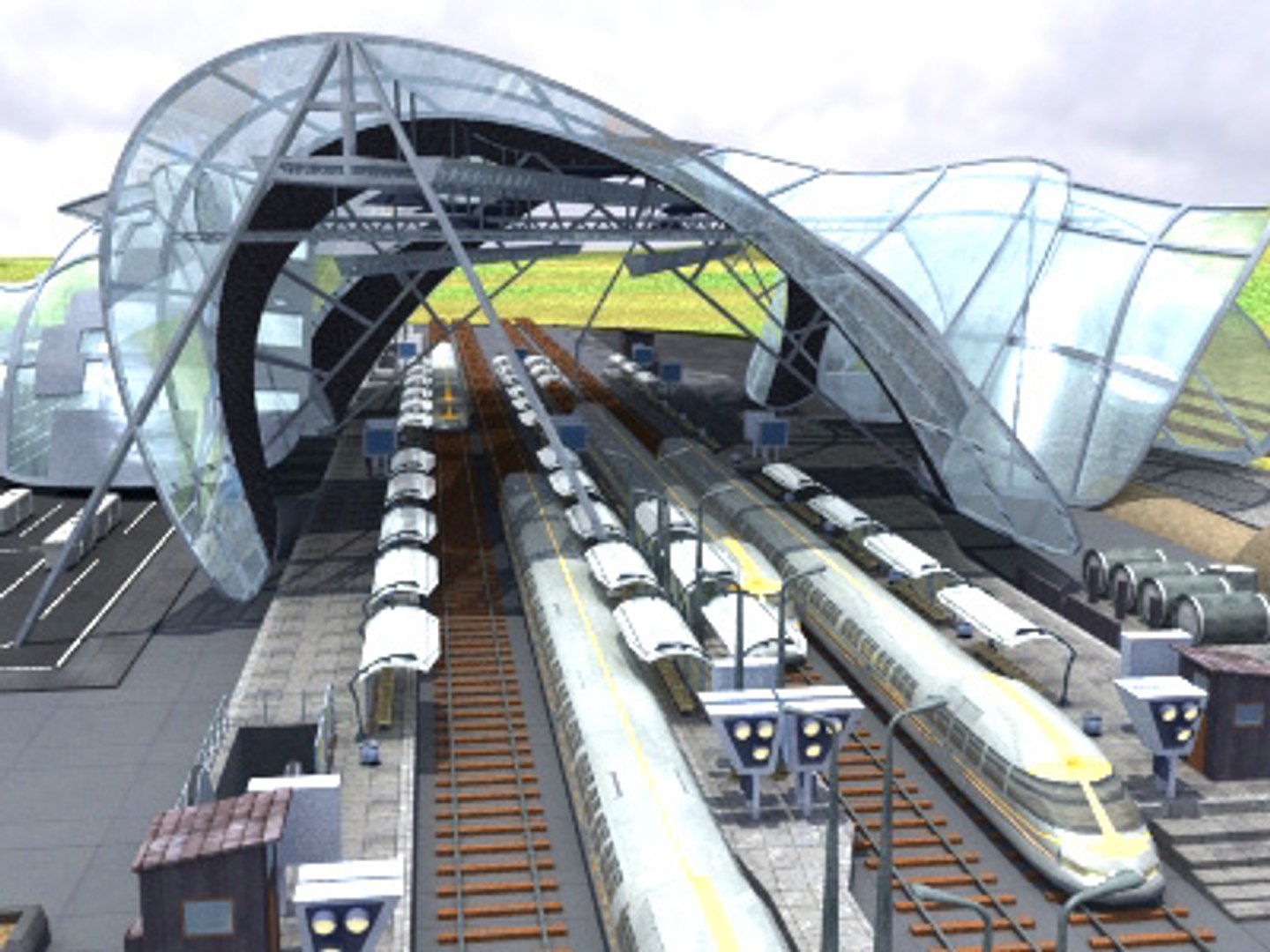 modern railway station trains 3d max