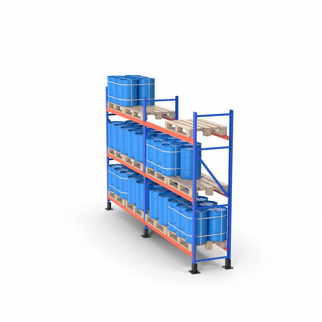 3D Pallet Rack And Blue Barrels - TurboSquid 2160175