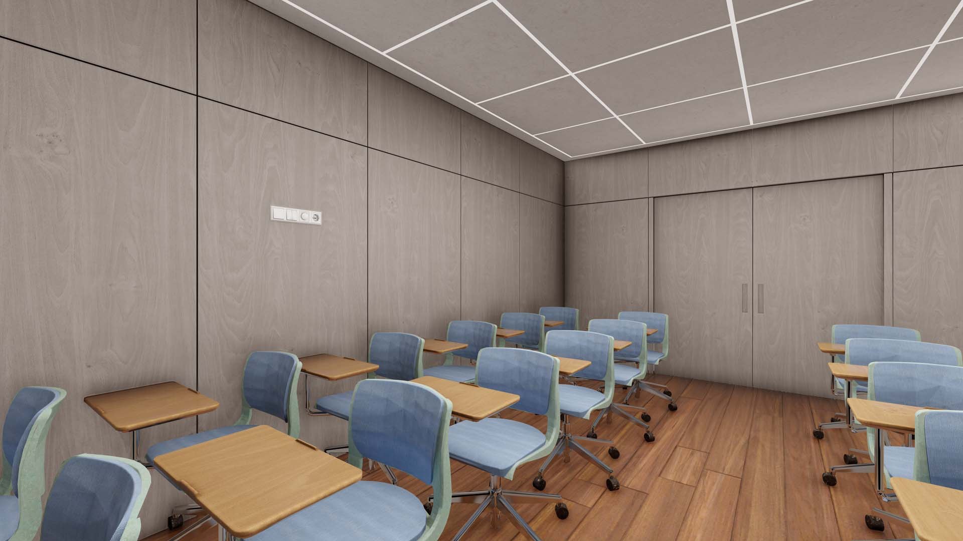 Modern Minimalist Classroom With Wood Paneling And Sleek Lighting ...